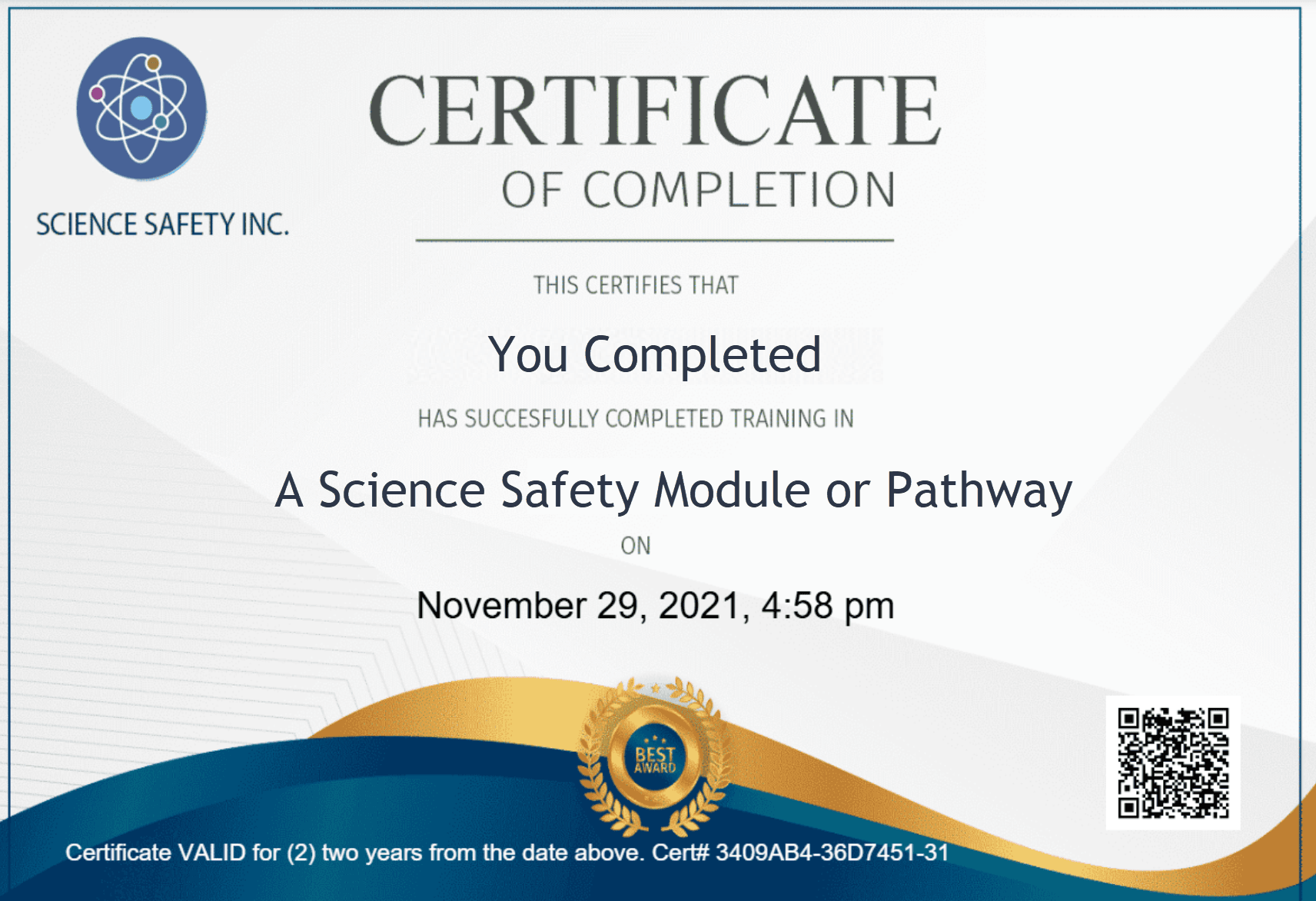 Pathway Certificate | Science Safety